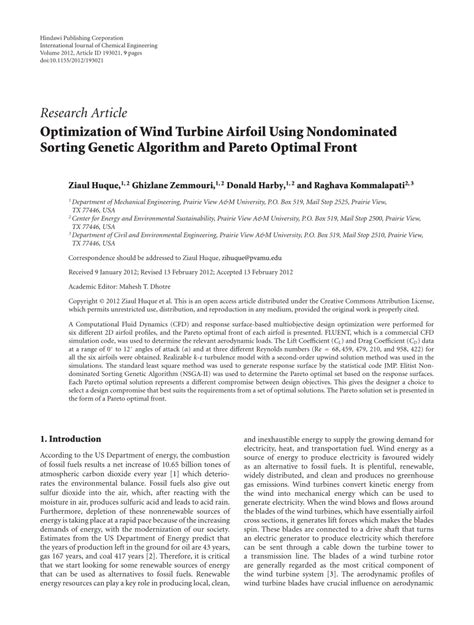 Pdf Optimization Of Wind Turbine Airfoil Using Nondominated Sorting Genetic Algorithm And