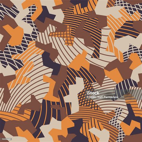 패치워크 바느질 위장 배경 전파 줄무늬 방사형 패턴 도시 의류 스타일 기하학적 위장 반복 인쇄 오렌지 브라운 색상 질감 벡터