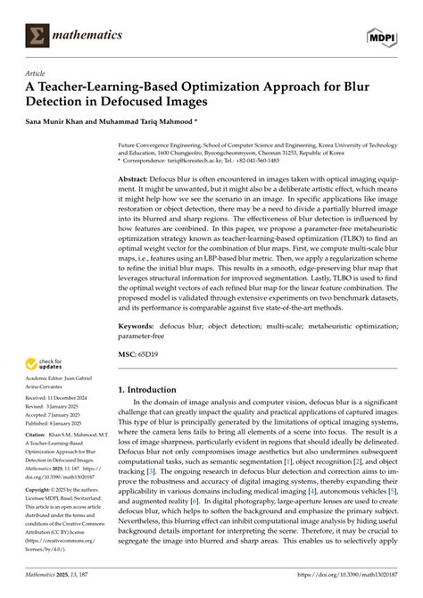 Pdf A Teacher Learning Based Optimization Approach For Blur Detection In Defocused Images
