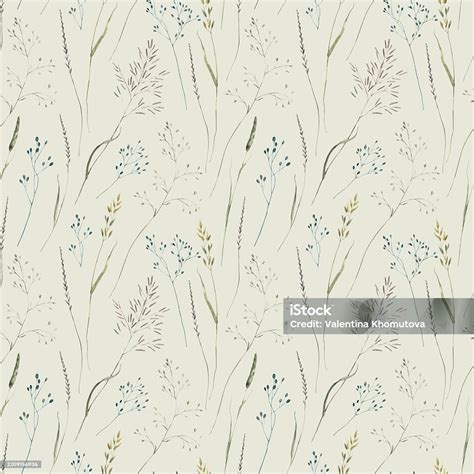 다양한 얇은 들판의 풀과 꽃 부드러운 녹색 배경에 수채화로 칠해진 수채화 이음매 없는 패턴으로 카드 청첩장 브랜딩 포장 및 봄 디자인에 적합합니다 계절에 대한 스톡 벡터