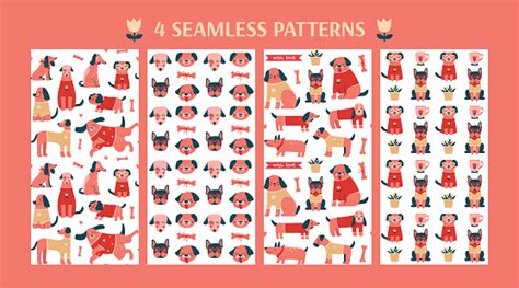 다양한 품종의 개와 강아지가 심장과 뼈 꽃을 가진 안경을 쓴 매끄러운 벡터 패턴 세트 귀여운 창조적 인 아기와 아이 배경은 평면 만화 낭만적 인 스타일입니다 개에 대한 스톡