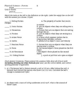 Physical Science Forces Unit Test By Hannah Tibor TPT
