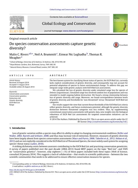 Pdf Do Species Conservation Assessments Capture Genetic Diversity