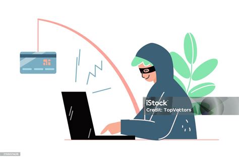 거짓말쟁이 와 인터넷 사기 와 남자 도둑 에 휴대용 퍼스널 컴퓨터 Phishing 훔치다 돈 에서 카드 벡터 일러스트 금융에