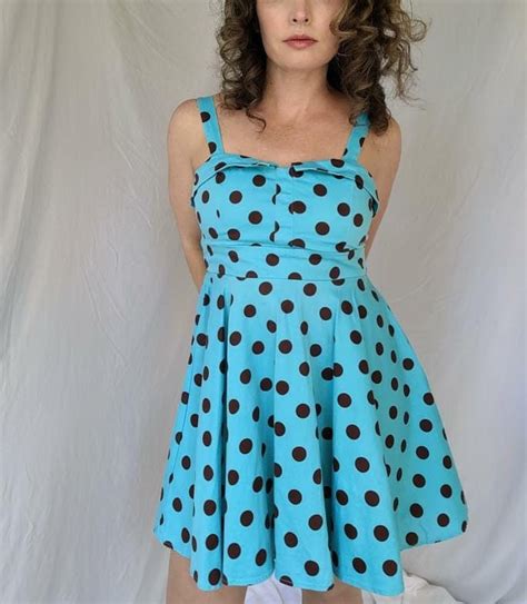 Vintage 80s Turquoise Polka Dot Swing Dress Rockabilly Pin Up Style