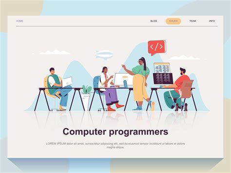 Computer Programmers Web Concept For Landing Page In Flat Design Man And Woman Working In