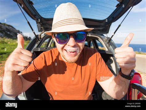 Funny Happy Man Going On Summer Vacation Car Travel Concept Stock