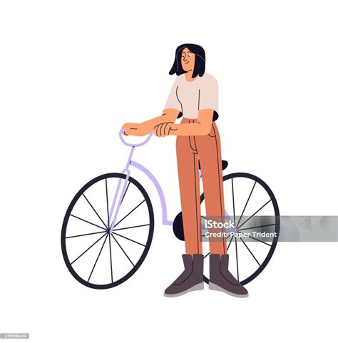 행복 한 젊은 여자 자전거 타기 자전거 근처에 서있는 활동적인 소녀 여름 산책 중에 자전거를 손잡이로 잡습니다 자전거 타는 사람 자전거 타는 사람은 타면서 스포츠를합니다