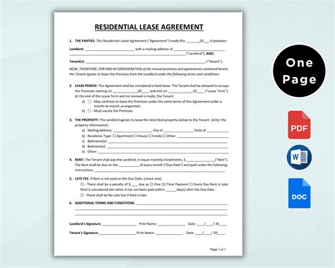 Rental Agreement Template Editable Simple One Page Lease Agreement