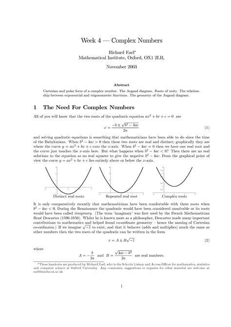 Complex Homework Week 4 Complex Numbers Richard Earl∗ Mathematical Institute Oxford Ox1