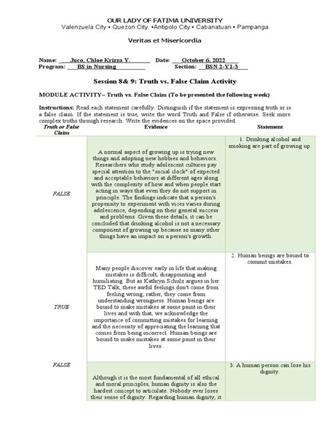 Session 8and9 Truth Vs False Claim Activity Final Pdf Truth