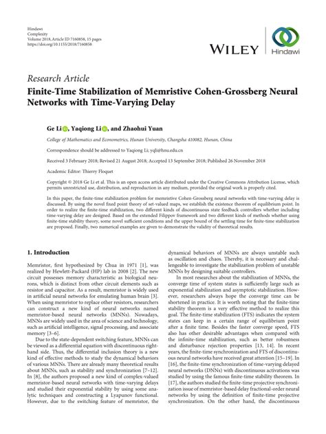 Pdf Finite Time Stabilization Of Memristive Cohen Grossberg Neural