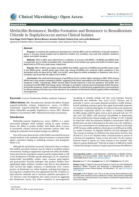 Pdf Methicillin Resistance Biofilm Formation And Resistance To Benzalkonium Chloride In