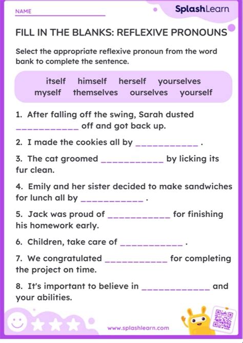 Fill In The Blanks Reflexive Pronouns Worksheet