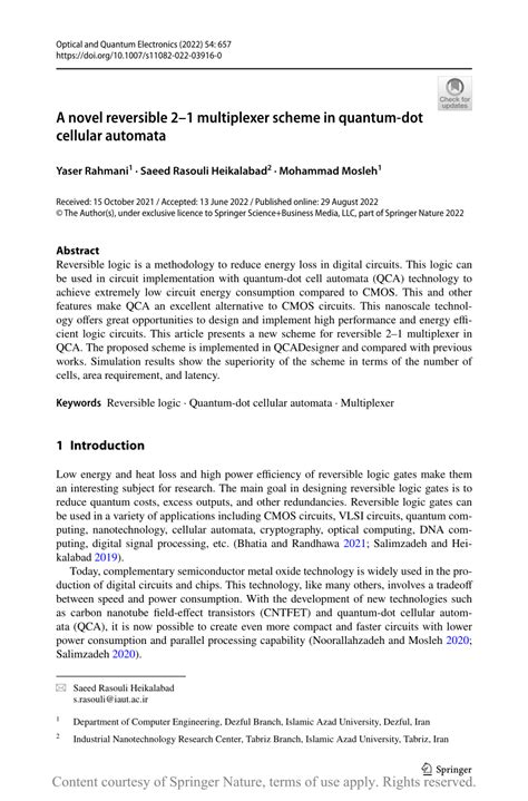 A Novel Reversible 21 Multiplexer Scheme In Quantum Dot Cellular