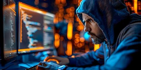 Hooded Hacker Intensely Coding On Computer Screen Illustrating Cybersecurity Cybercrime And