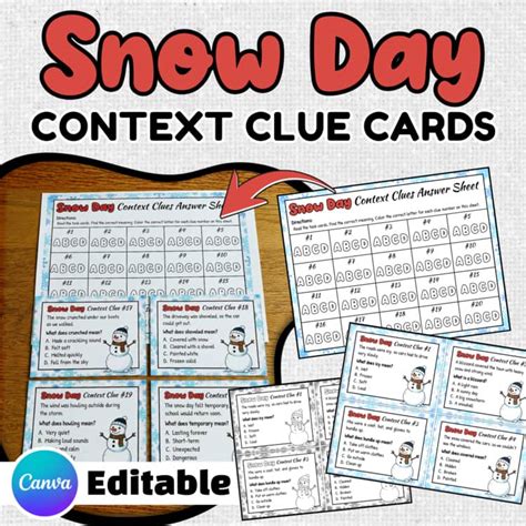 Snow Day Context Clue Task Cards Winter Snow Day Reading Comprehension