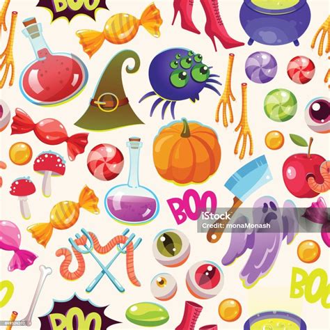 완벽 한 할로윈 패턴입니다 무서운 개체와 재미 있는 배경 와 눈 물 약 거미 뼈 데 려 호박 마녀 부츠 만화 스타일에 모자 벡터