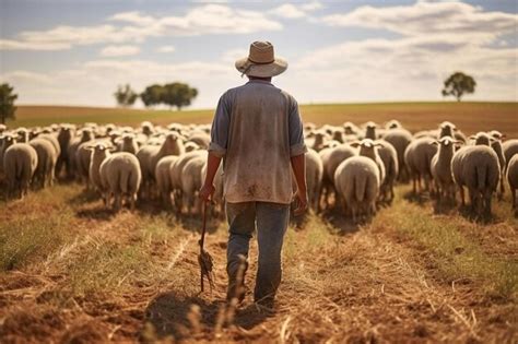 Premium Photo A Man Walks Through A Field With Sheep