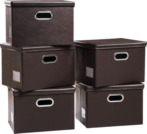 Large Stackable Storage Boxes With Lids [5 Pack] Leather Fabric