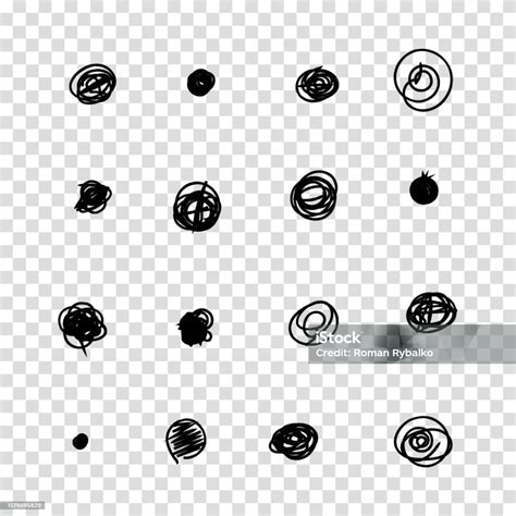 그런지 스타일로 손으로 그린 낙서 서클 세트 불렛 저널에 대한 벡터 그림입니다 투명한 배경입니다 낙서 낙서 원 포인트 컬렉션 검은색 모양 점 및 방울 가장자리에 대한 스톡