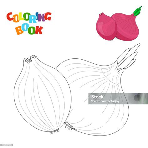빨간 양파의 윤곽선으로 취학 전 어린이 위한 책 페이지 및 그것의 다채로운 복사본을 착 색 아이 교육에 대 한 벡터