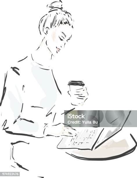 노트북과 커피 한잔 함께 소녀입니다 카페에서 아름 다운 젊은 여자 손으로 그린 그림 개념에 대한 스톡 벡터 아트 및 기타 이미지 개념 검색 귀여운 Istock