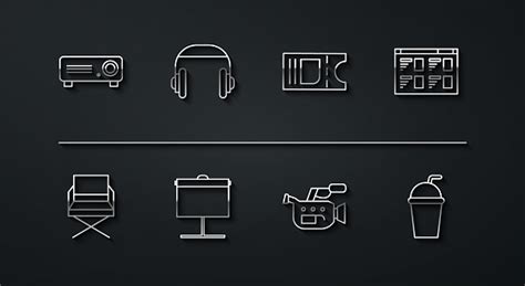 세트 라인 영화 영화 미디어 프로젝터 감독 영화 의자 온라인 플레이 비디오 시네마 카메라 프로젝션 스크린 헤드폰 빨대와 티켓 아이콘이있는 종이 유리 벡터 3차원 형태에 대한