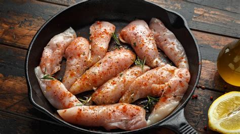 Raw Chicken Breast Mini Fillets In Rastic Cast Iron Skillet Frying Pan With Herbs And Sea Salt