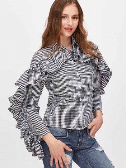 Gingham Plaid Ruffle Trim Shirt Blouse Tops Designs Trendy Blouses