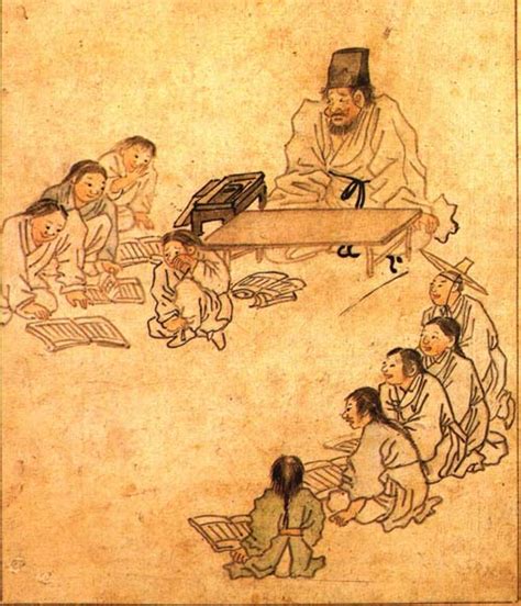 [김홍도 서당]김홍도 신윤복 김득신과 더불어 조선 3대 풍속화가 김홍도작품 무동 자리짜기 타작 대장간 우물가 새참 기와이기 나룻배 목동 화조도 편자박기 빨래터 주막 묘길상