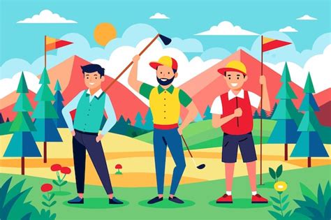 골프 클럽과 산을 배경으로 한 사람들의 만화 프리미엄 벡터