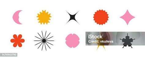 추상 별과 꽃 모양 컬렉션입니다 스위스 또는 바우 하우스 스타일의 원시 기하학적 형태 잔인한 요소는 포스터 배너 콜라주를 위해 설정됩니다 벡터 기호입니다 Brutalism에