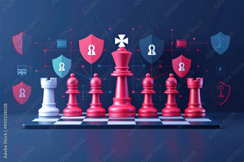 Strategic Defense A Modern Chessboard Featuring Red And White Pieces With Digital Security