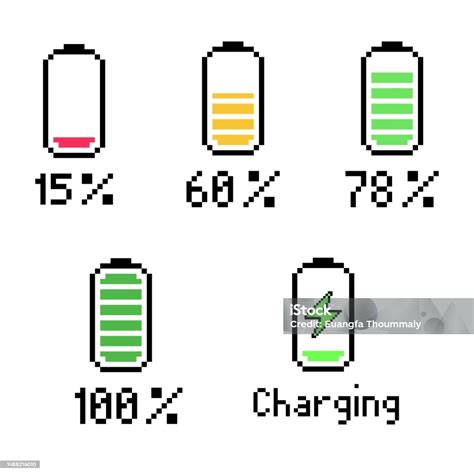 픽셀화된 배터리 충전 수준 설정 백분율로 표시되는 수직 배터리 잔량 표시기 모자이크 처리에 대한 스톡 벡터 아트 및 기타 이미지
