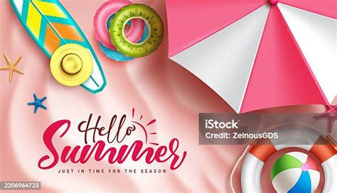 여름 벡터 배경 디자인입니다 안녕하세요 여름 타이포그래피 텍스트 분홍색 모래 우산 및 부유물 요소 3차원 형태에 대한 스톡 벡터 아트 및 기타 이미지 Istock