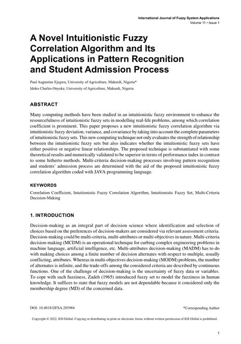 Pdf A Novel Intuitionistic Fuzzy Correlation Algorithm And Its