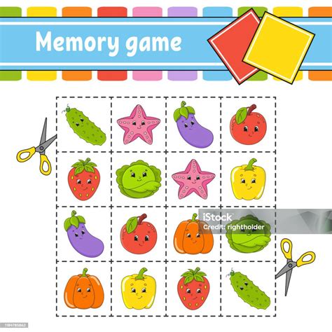 아이들을위한 메모리 게임 교육 개발 워크 시트 액티비티 페이지 어린이를위한 퍼즐 게임 논리적 사고 훈련 격리된 벡터 그림입니다