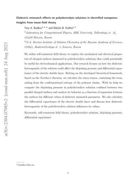 Pdf Dielectric Mismatch Effects On Polyelectrolyte Solutions In Electrified Nanopores