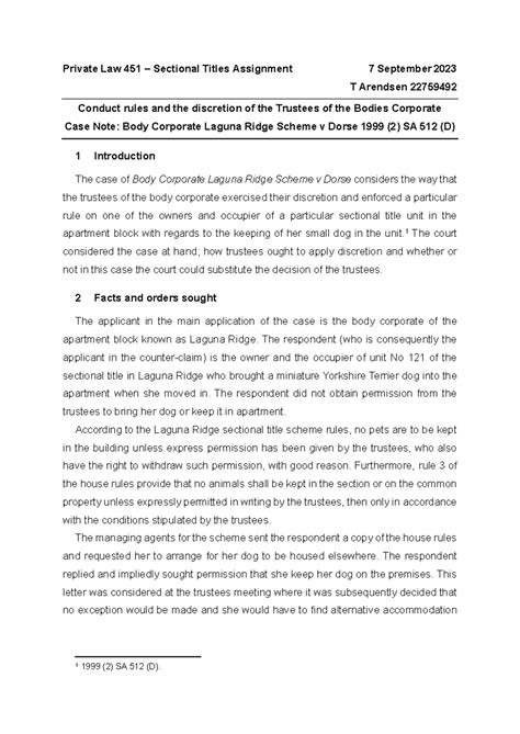 Private Law 451 Assignment Private Law 451 Sectional Titles