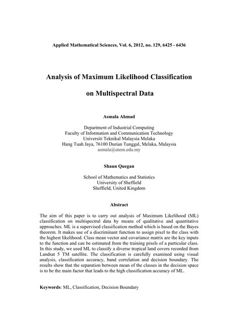 Pdf Analysis Of Maximum Likelihood Classification On Multispectral Data