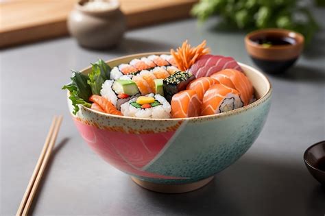 Premium Ai Image Angle View Of Sushi In Poke Bowl With Copyspace