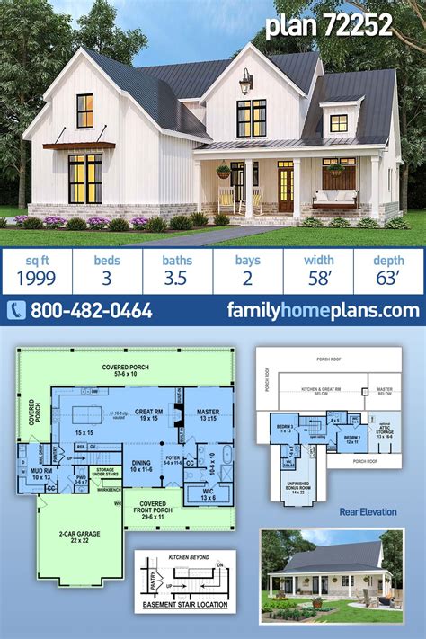 Plan 72252 Modern Farmhouse Style Plan With 1999 Sq Ft 3 Beds