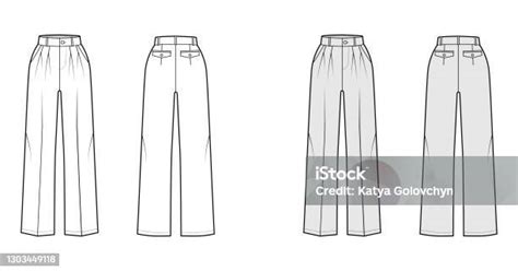 바지 테일러드 테크니컬 패션 일러스트와 연장 된 정상적인 허리 상승 전체 길이 경사 플랩 포켓 0명에 대한 스톡 벡터 아트 및 기타 이미지 Istock