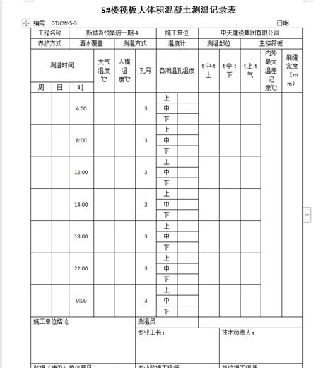 筏板大体积混凝土测温记录表 9P免费下载 建筑表格 土木工程网