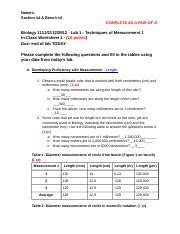 Intro To Cell Bio LAb Docx Names Section Bench COMPLETE AS A PAIR OF Biology