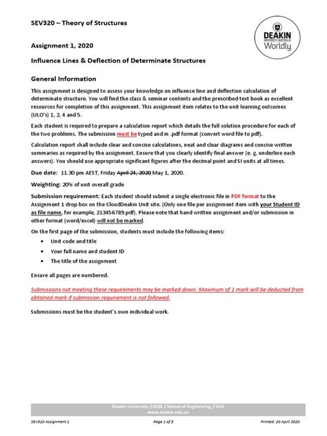 Sev320 Theory Of Structures Assignment 1 2020 Influence Lines And Deflection Of Determinate