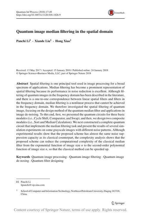 quantum image median filtering in the spatial domain request pdf