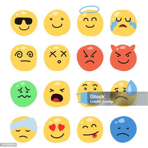 대화방의 채팅에서 감정을 표현하기위한 다양한 이모티콘 얼굴 삽화와 아이콘 귀여운에 대한 스톡 벡터 아트 및 기타 이미지 귀여운 긍정적인 감정 표현 노랑 Istock