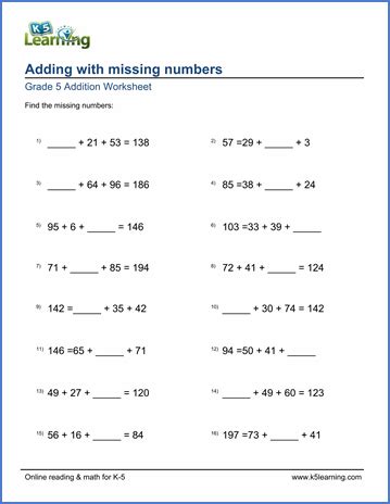 Grade Addition Worksheet Adding With Missing Numbers Missing Number Worksheets First Grade
